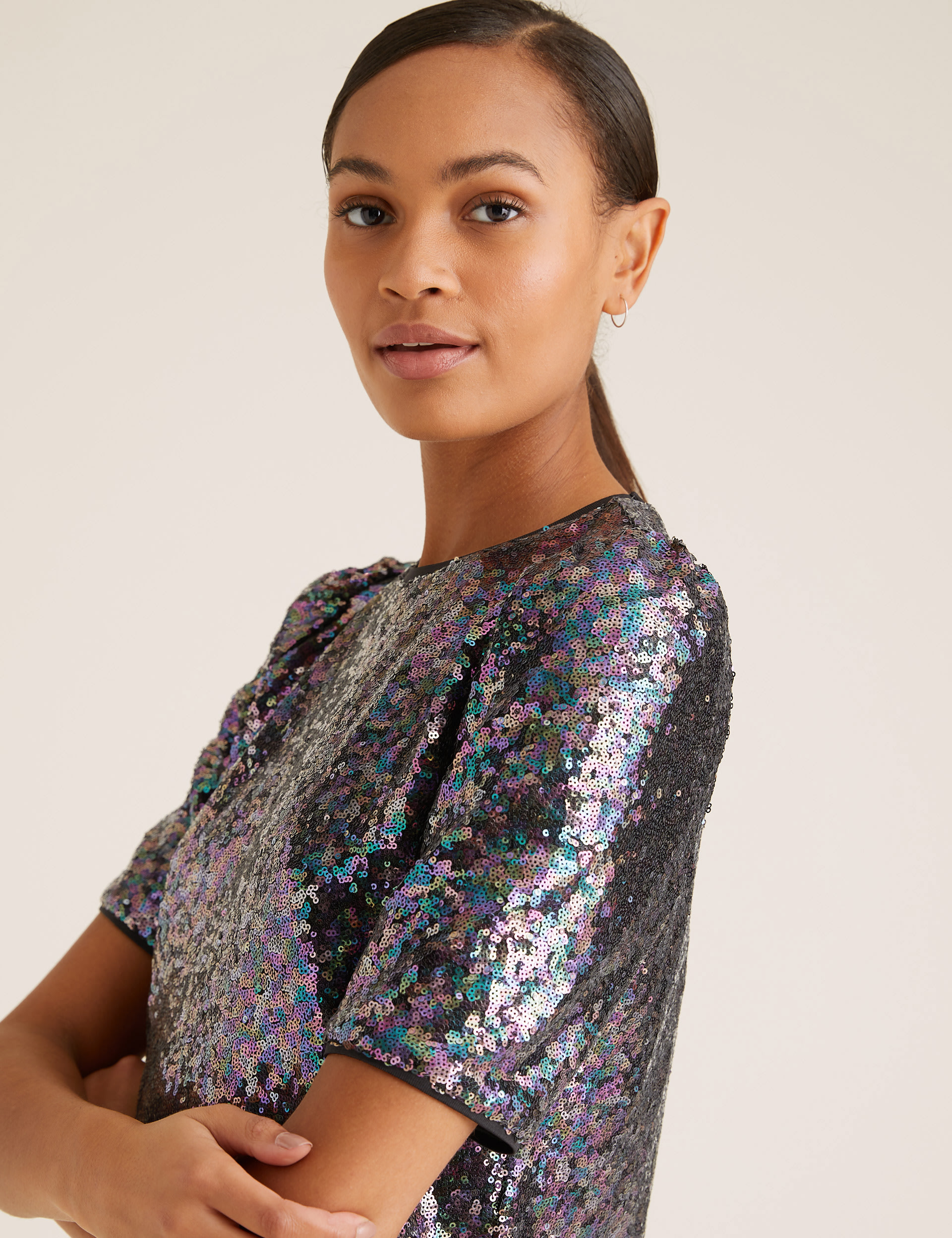 Sequin Crew Neck Short Sleeve Top | M&S Collection | M&S